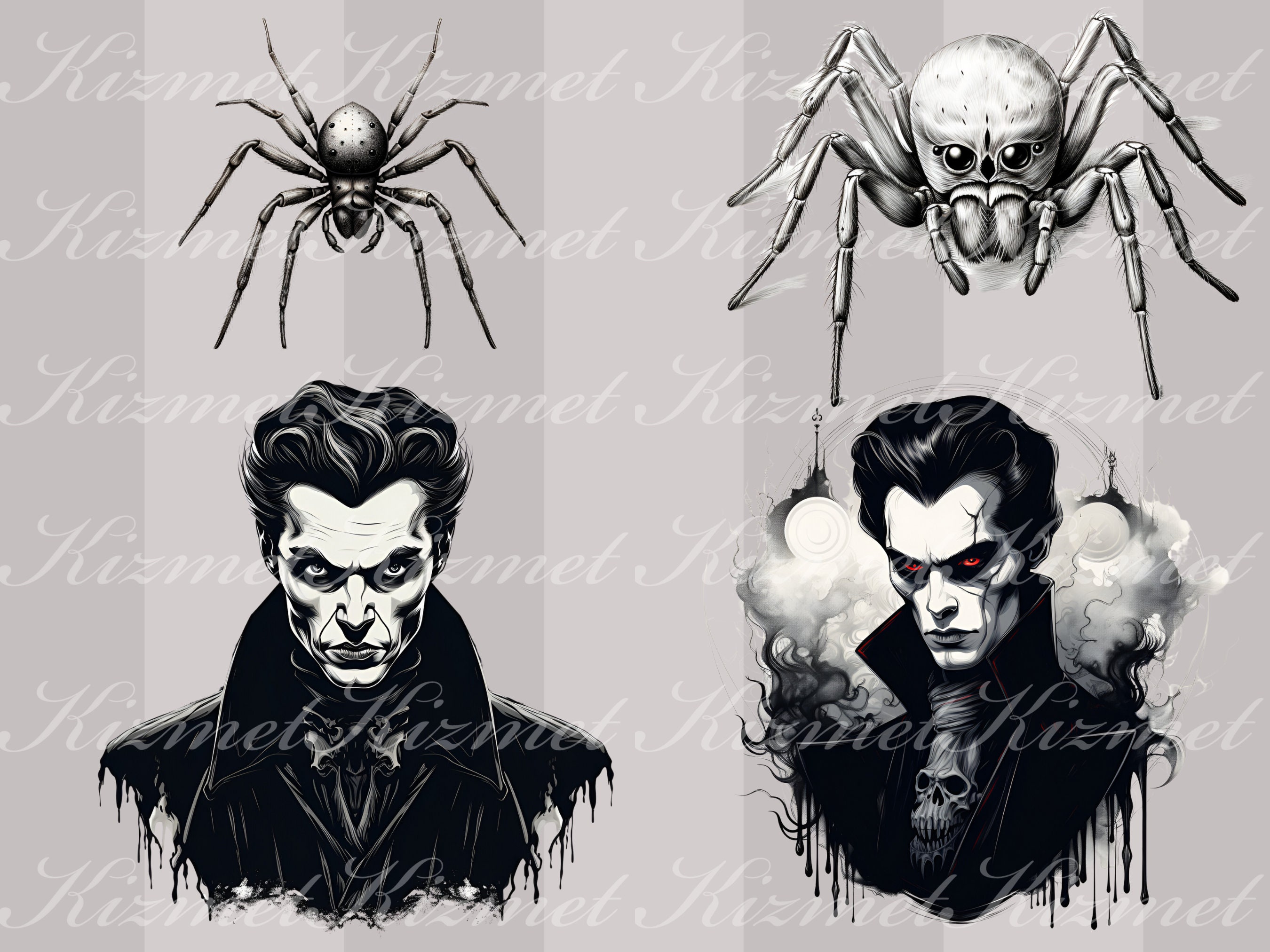 24 Vintage Black and White Halloween Clipart, PNG Instant Download ...