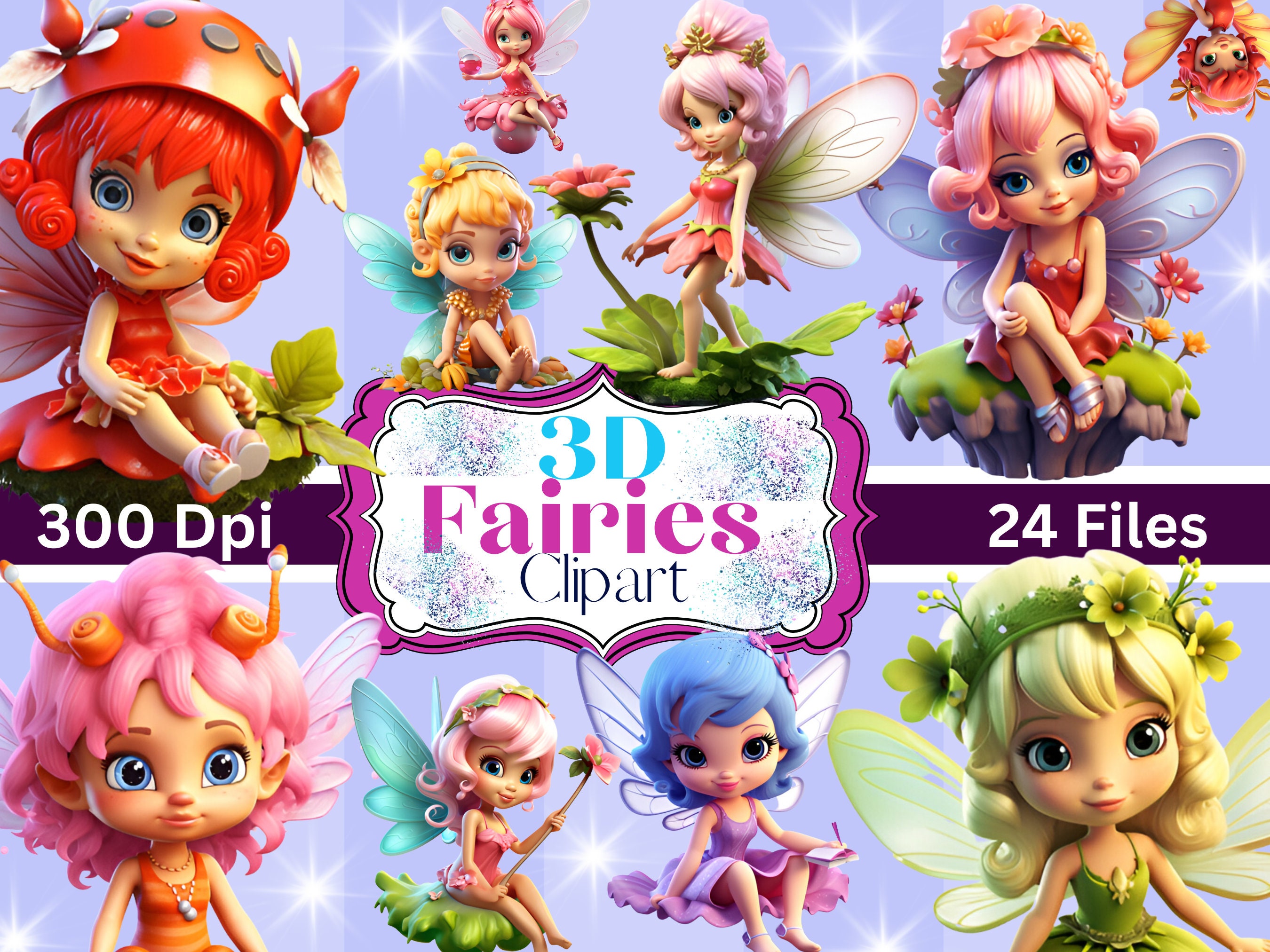 Set of 24 Cute 3D Fairies 3D Clipart PNG Files, Fun Digital Downloads ...