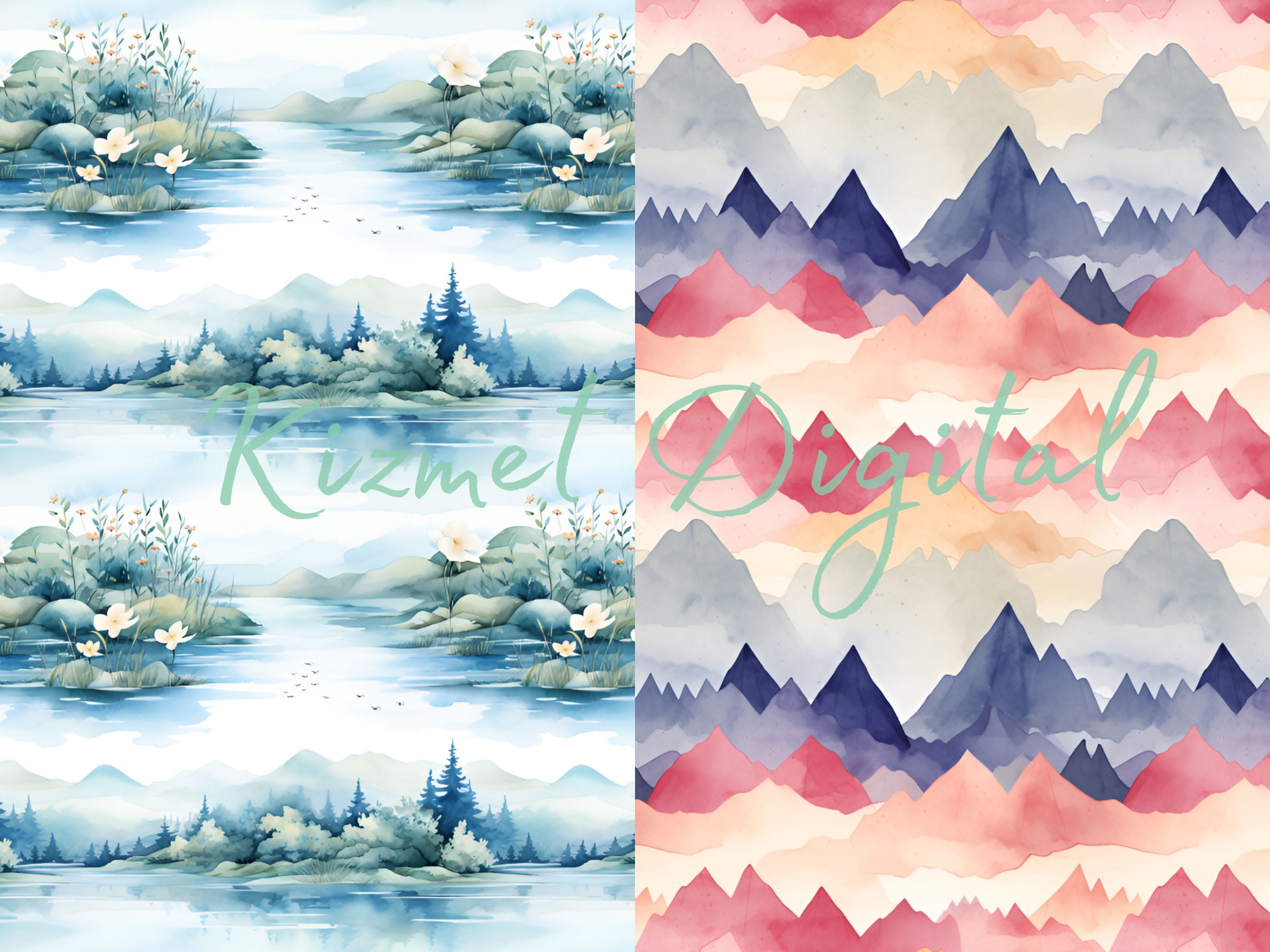 Watercolor Mountains Lakes & Forest Seamless Patterns, Digital Paper ...