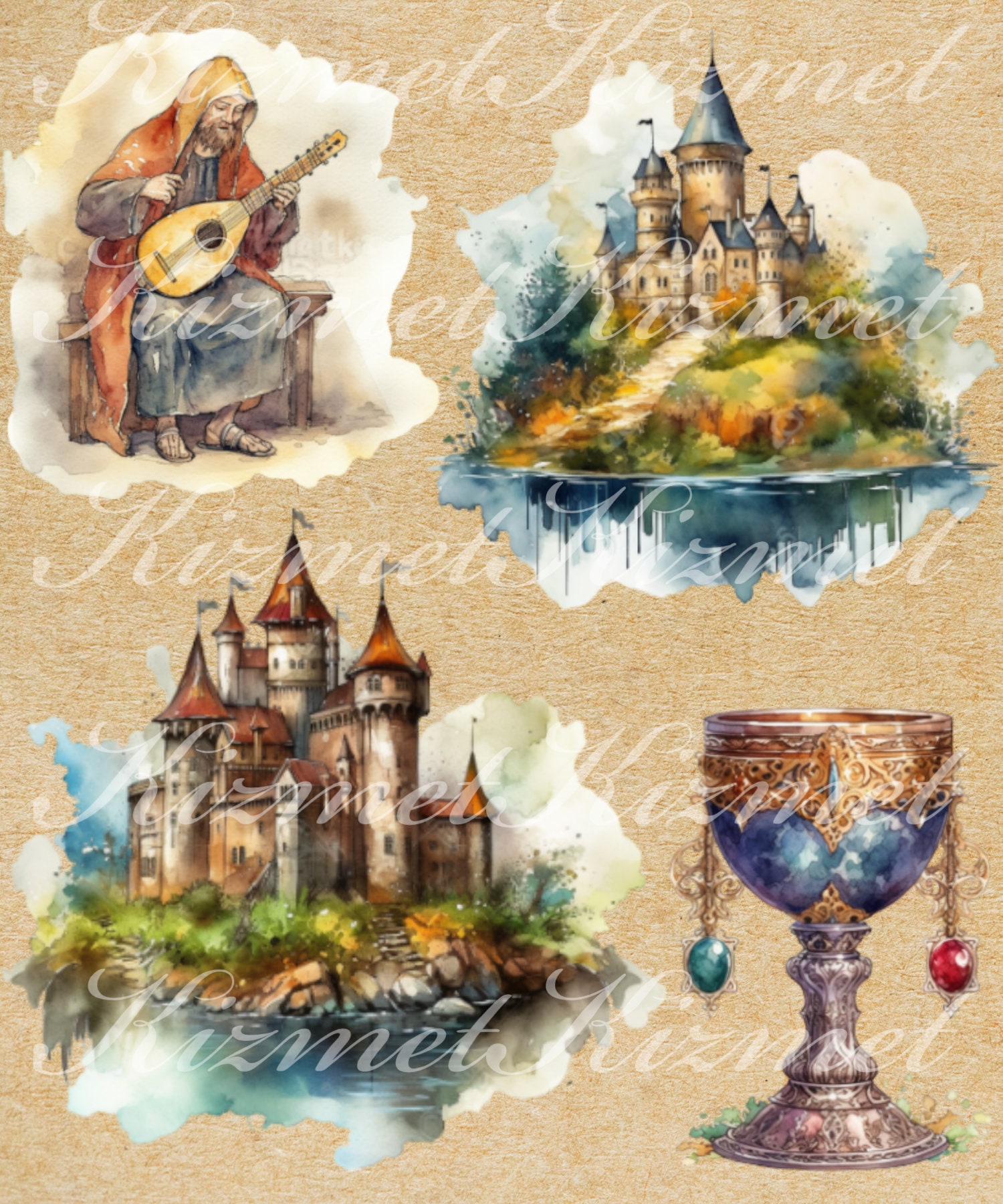 Medieval and Renaissance Themed Clipart, 300 Dpi, Beautiful Watercolor ...