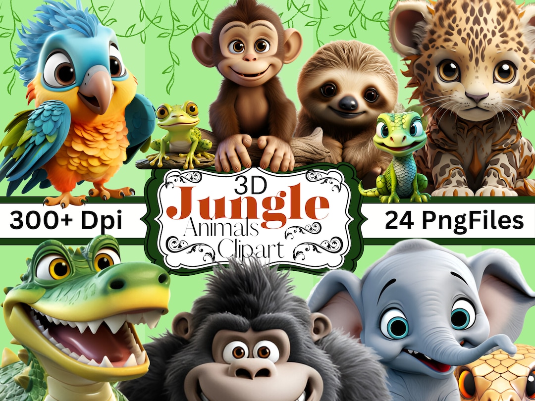 Set of 24- Jungle Animals- 3D Clipart PNG Files, Fun Digital Downloads ...