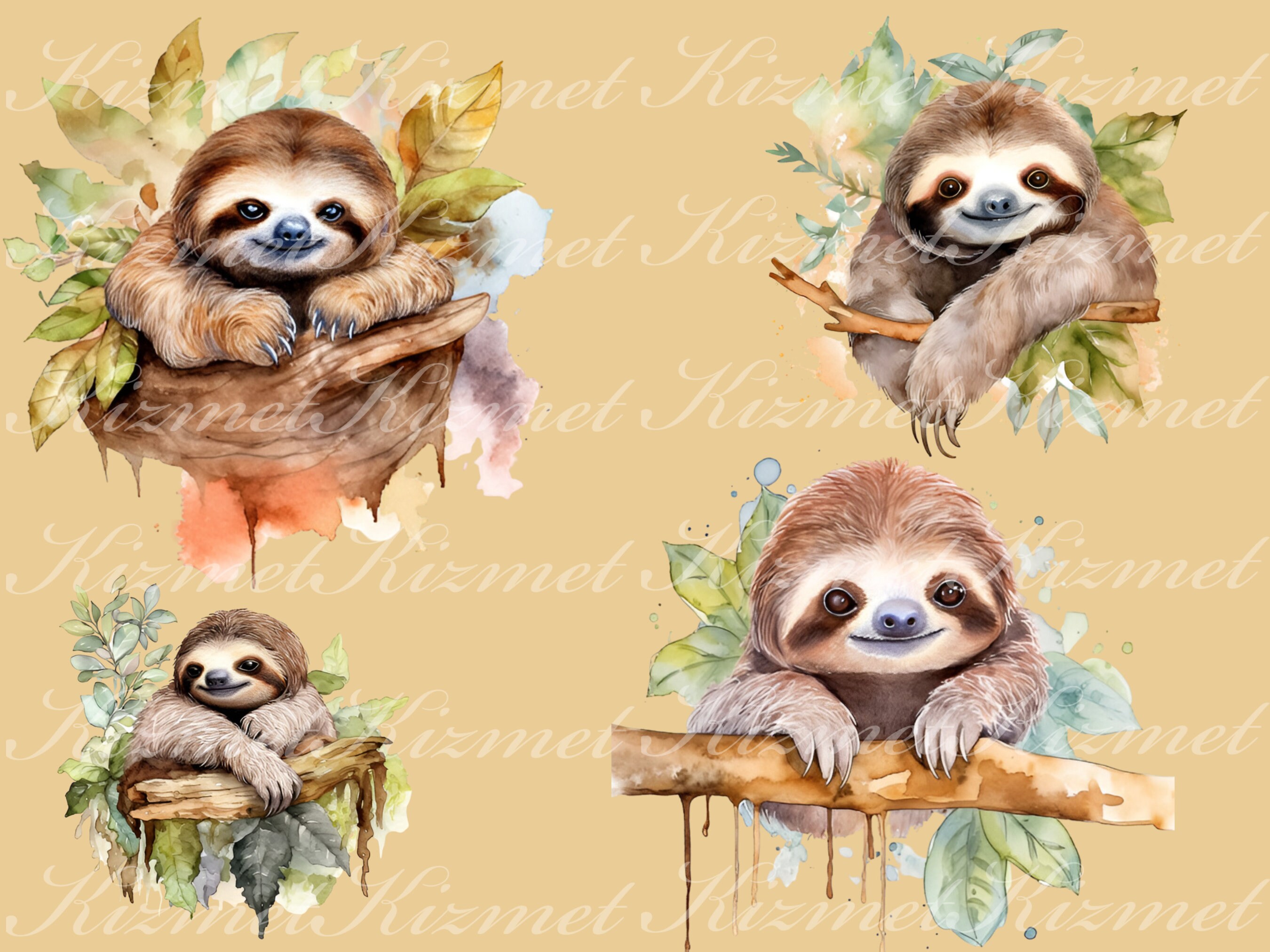 Set of 24 Cute Funny Sloth Watercolor Clipart PNG Files, Digital ...