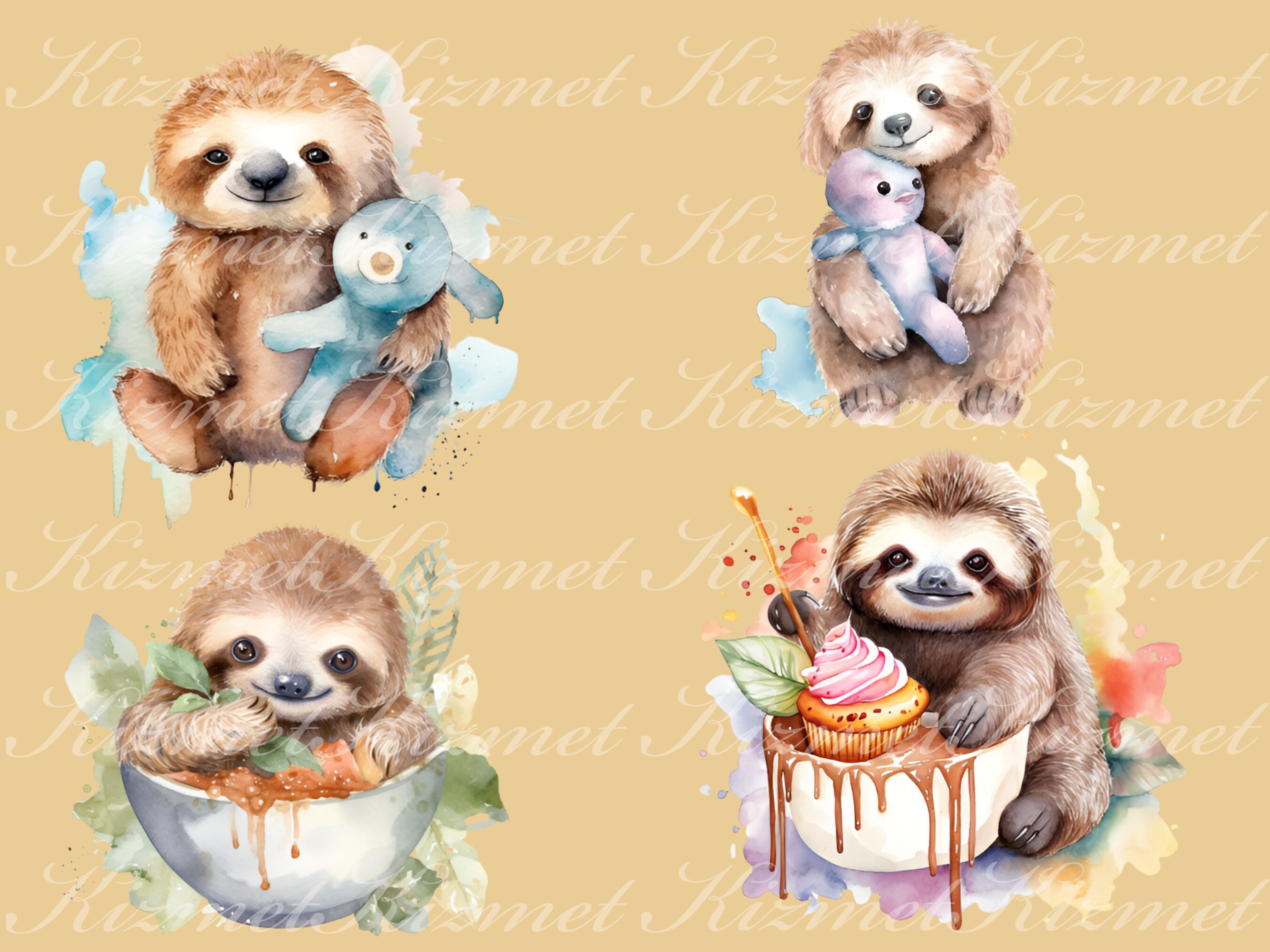 Set of 24 Cute Funny Sloth Watercolor Clipart PNG Files, Digital ...