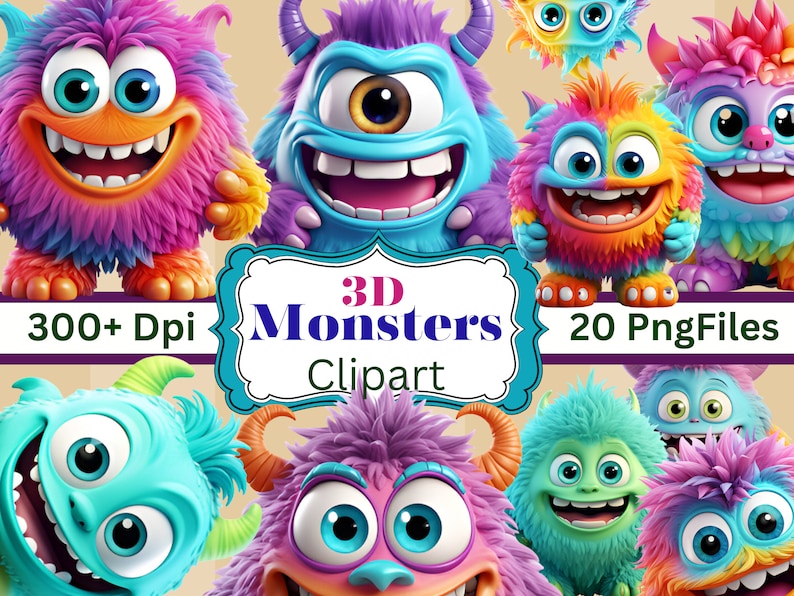 Set of 20- 3D Cute Monsters- 3D Clipart, PNG Files, Fun Digital ...