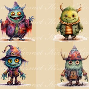 Set of 24 Watercolor Monsters Clipart PNG Files, Digital Downloads for ...