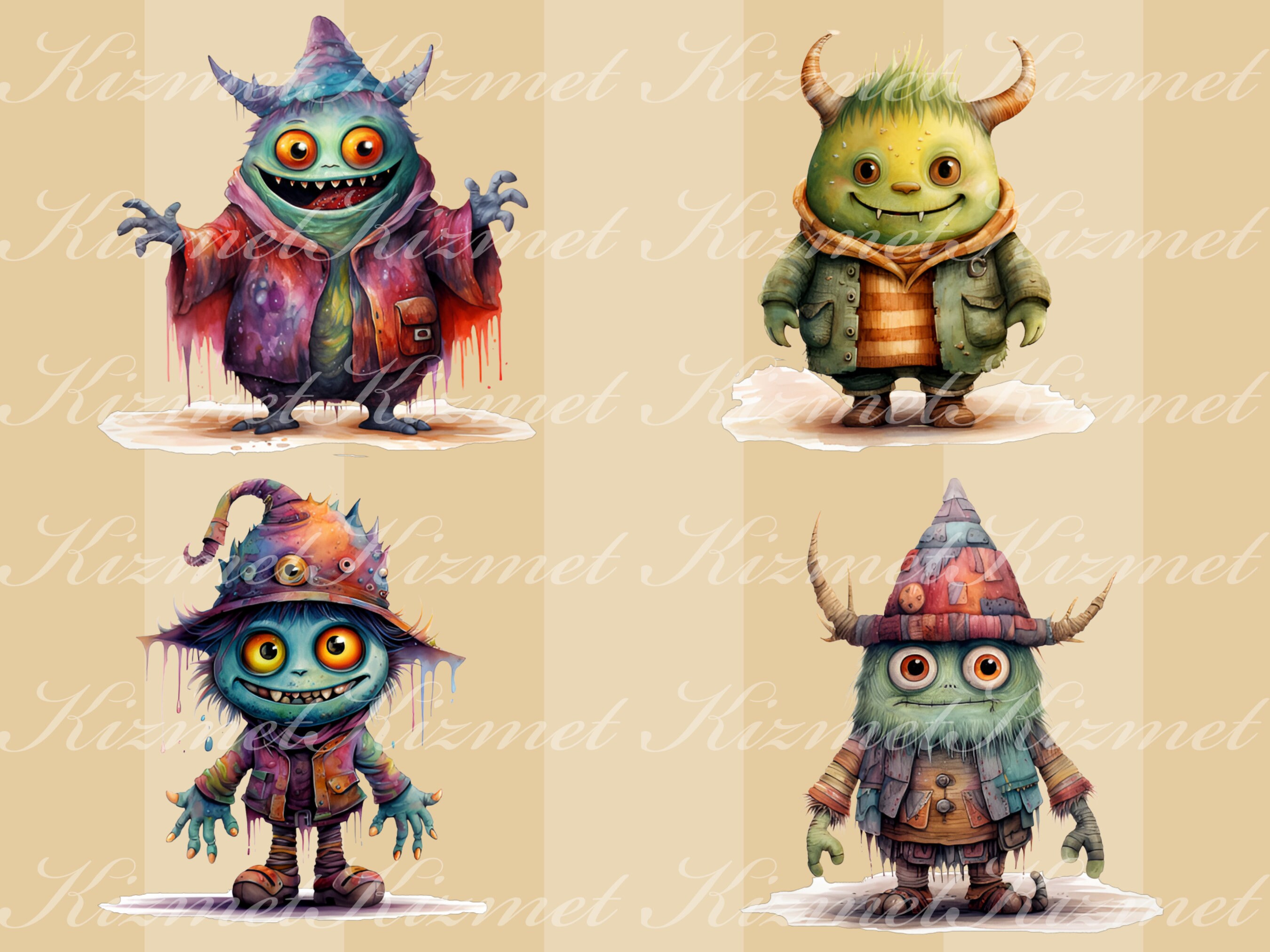 Set of 24 Watercolor Monsters Clipart PNG Files, Digital Downloads for ...