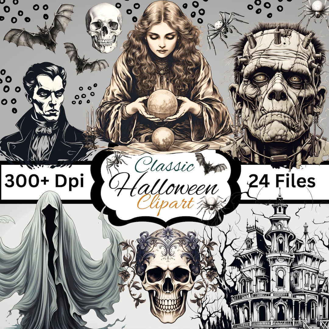 24 Vintage Black and White Halloween Clipart, PNG Instant Download ...