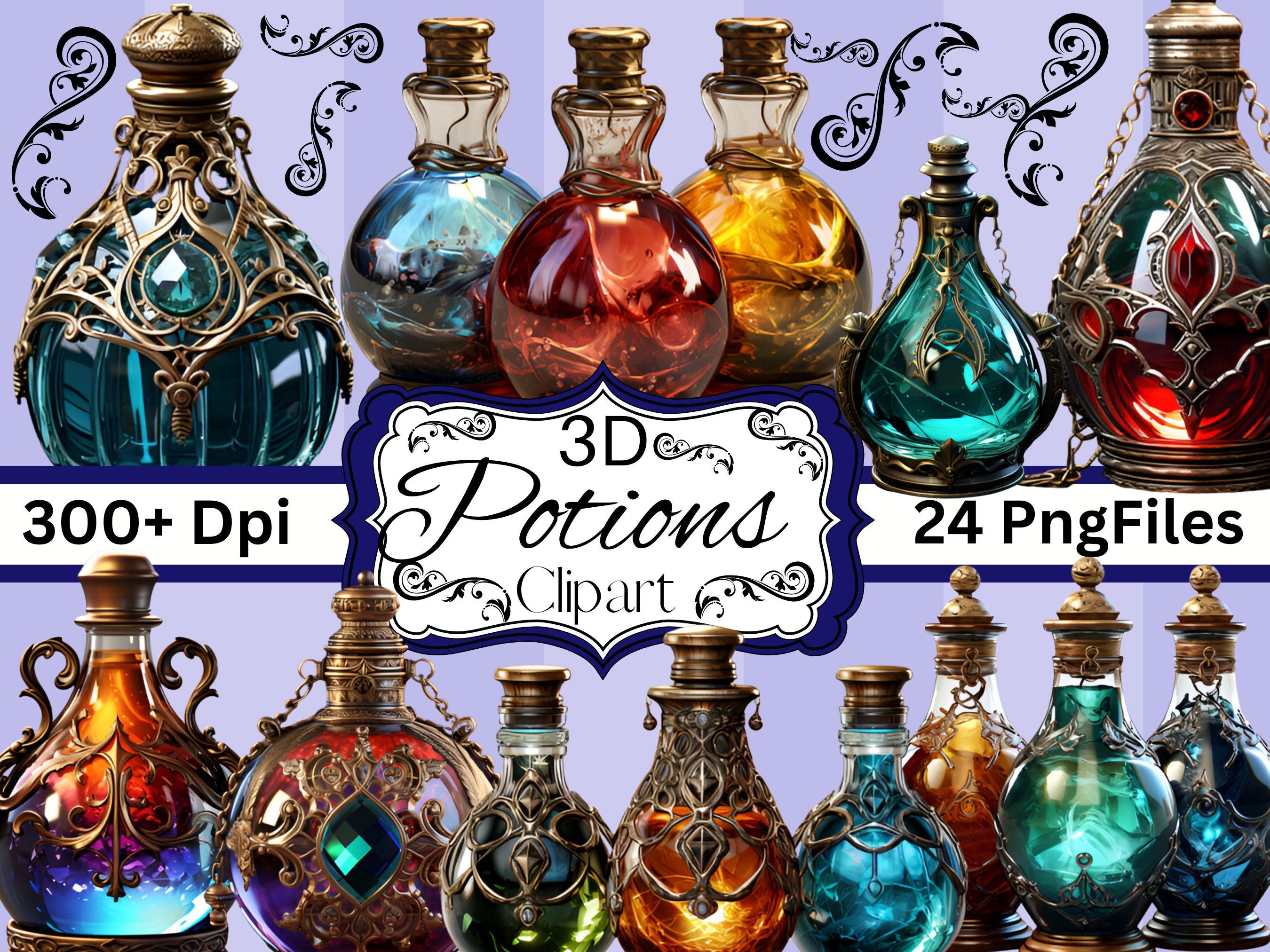 Set of 24 3D Potion Bottles 3D Clipart, PNG Files, Fun Digital Downloads, 3D Animals, Digital ...
