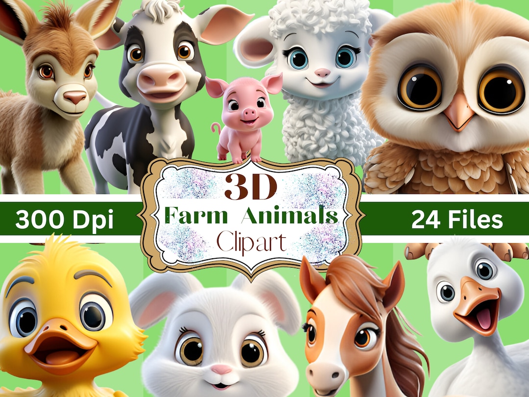 Set of 24- Cute 3D Animals- 3D Clipart PNG Files, Fun Digital Downloads ...