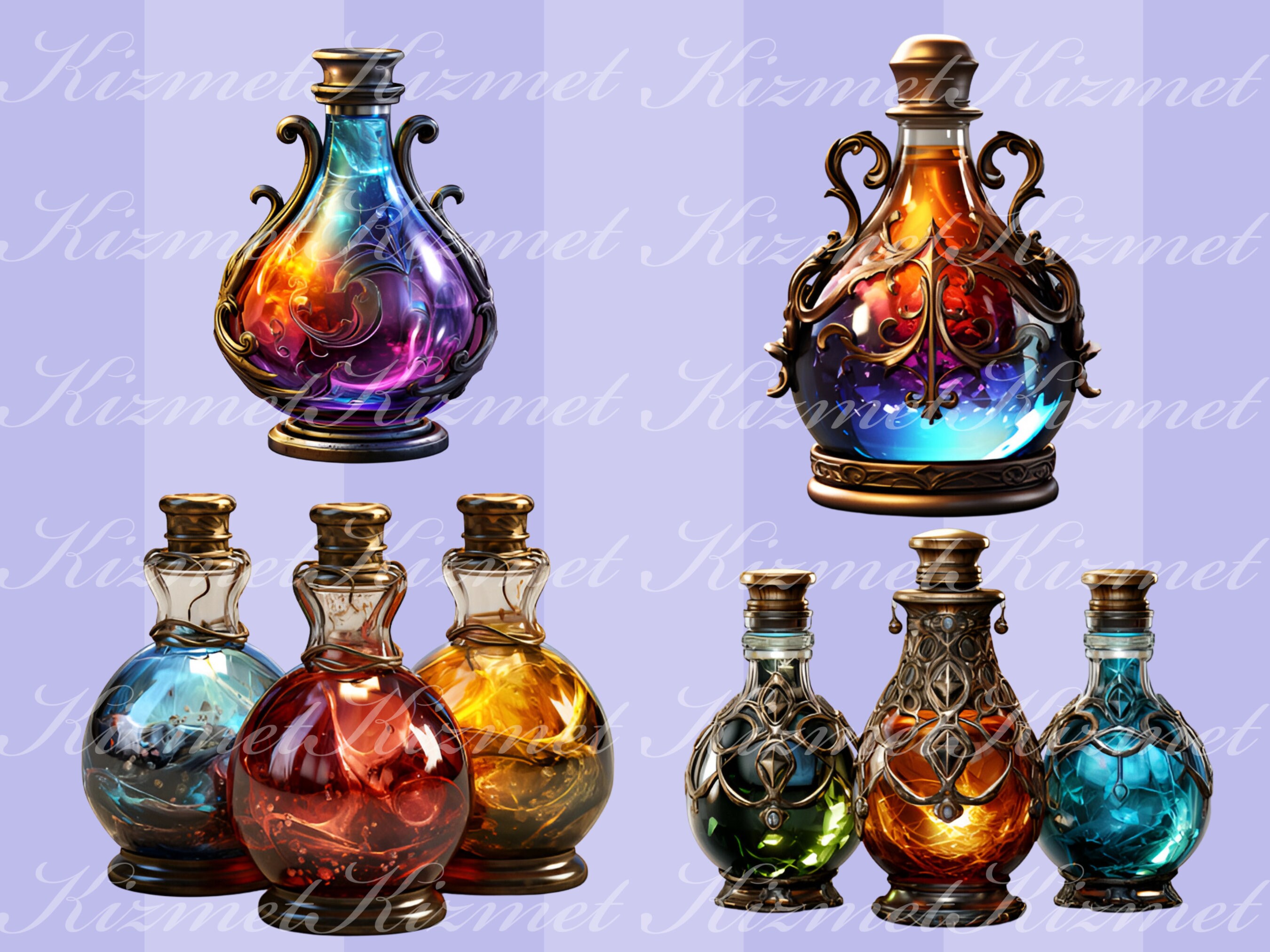 Set of 24 3D Potion Bottles 3D Clipart, PNG Files, Fun Digital ...