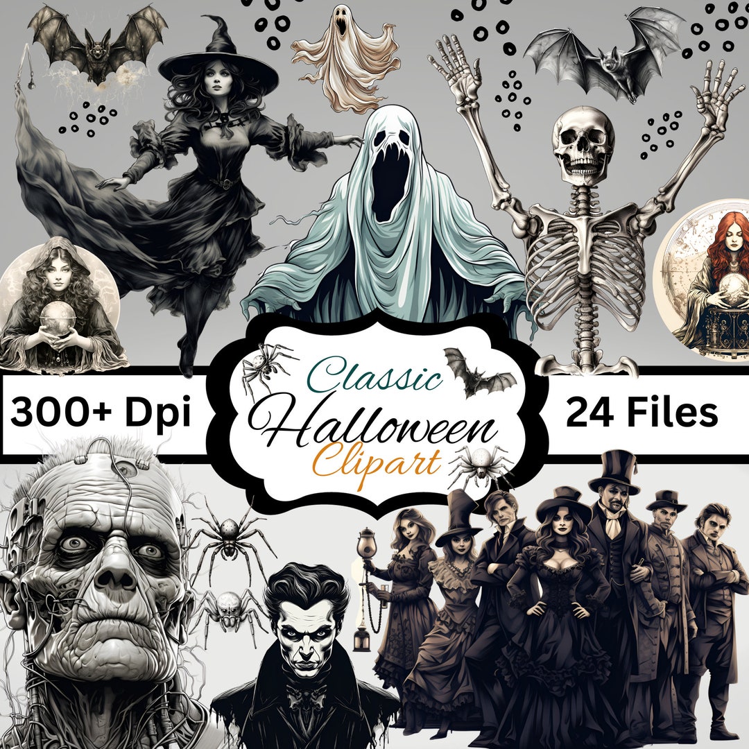 24 Vintage Black and White Halloween Clipart, PNG Instant Download ...