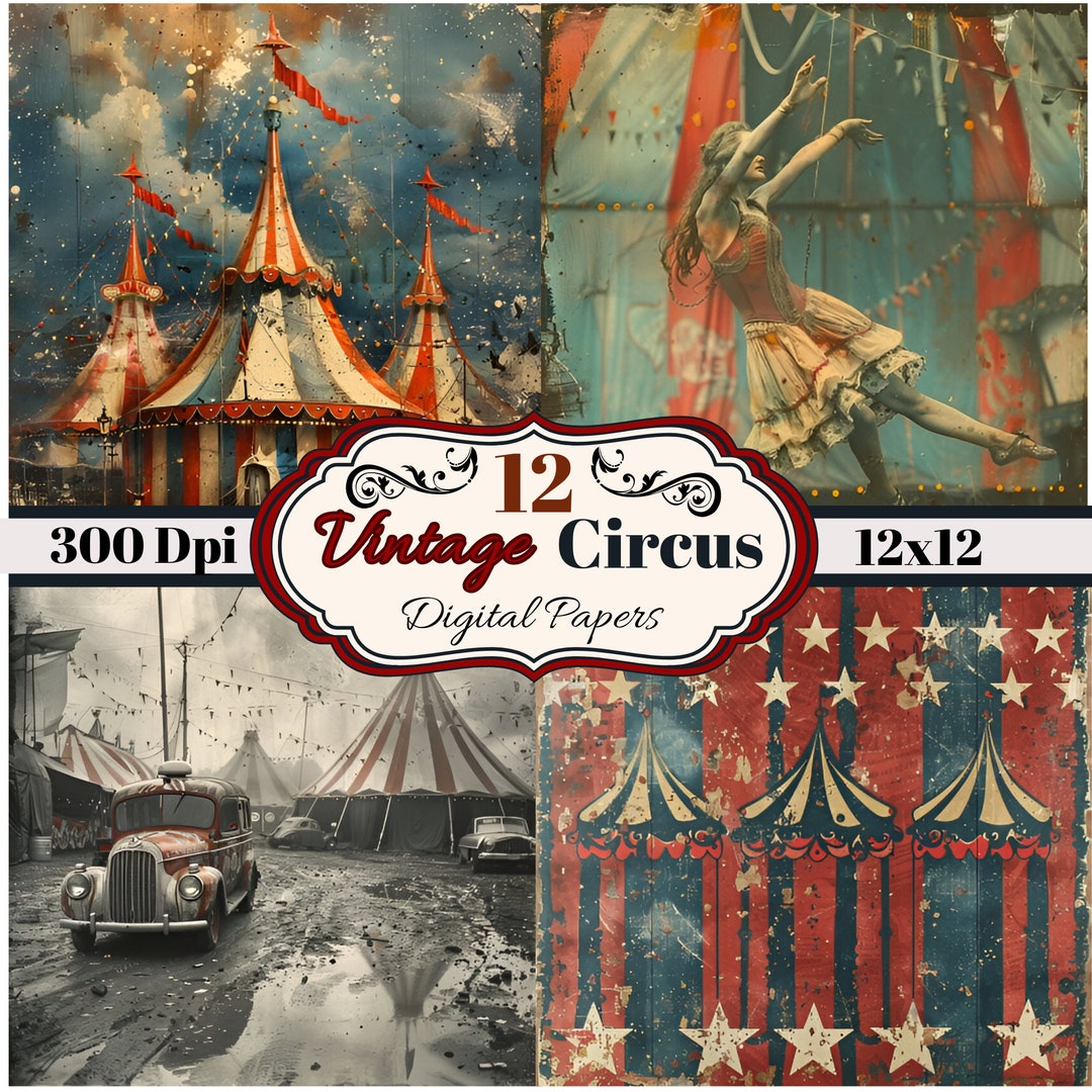 12 Vintage Circus Digital Papers, Classic Retro Background, 12x12 ...