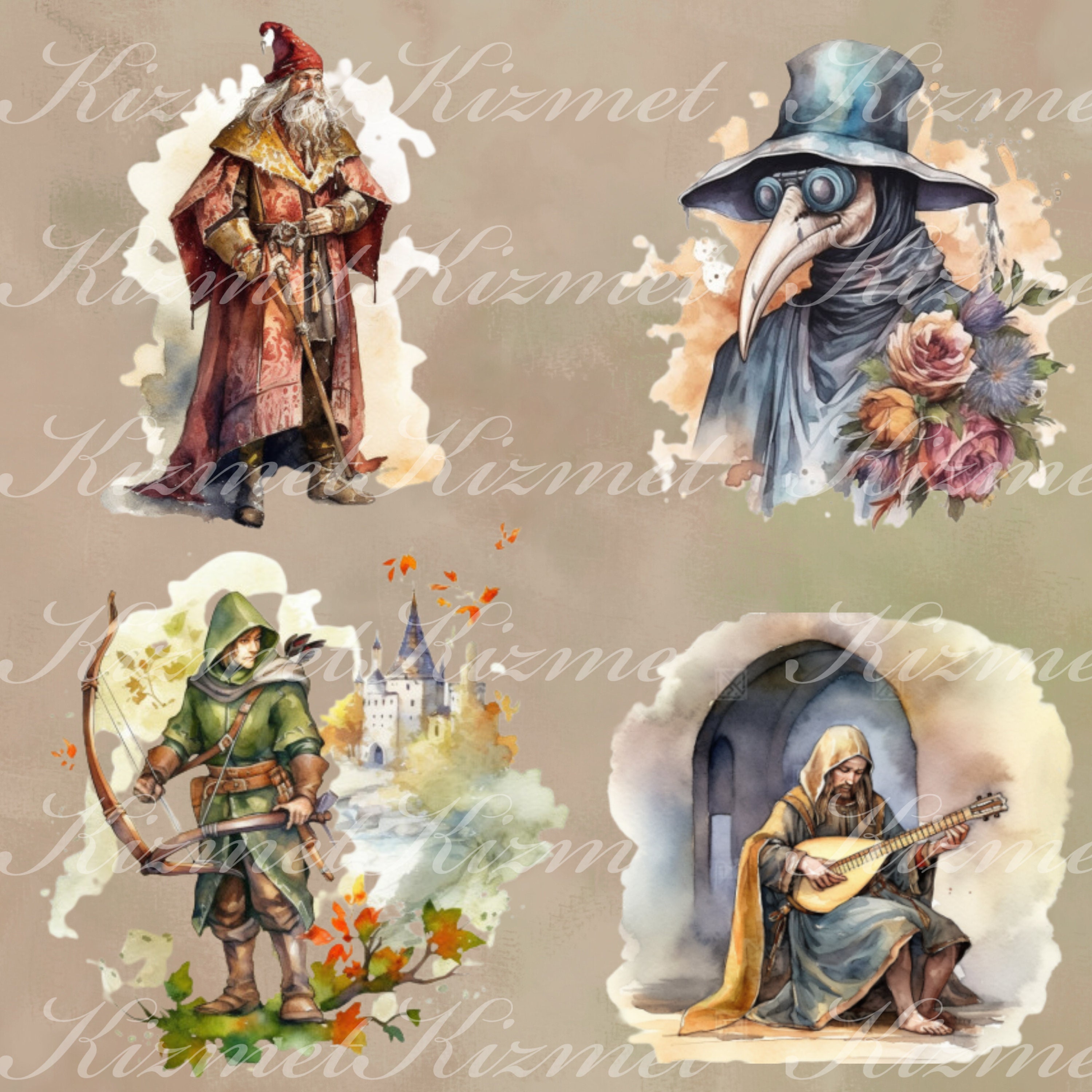 Medieval and Renaissance Themed Clipart, 300 Dpi, Beautiful Watercolor ...