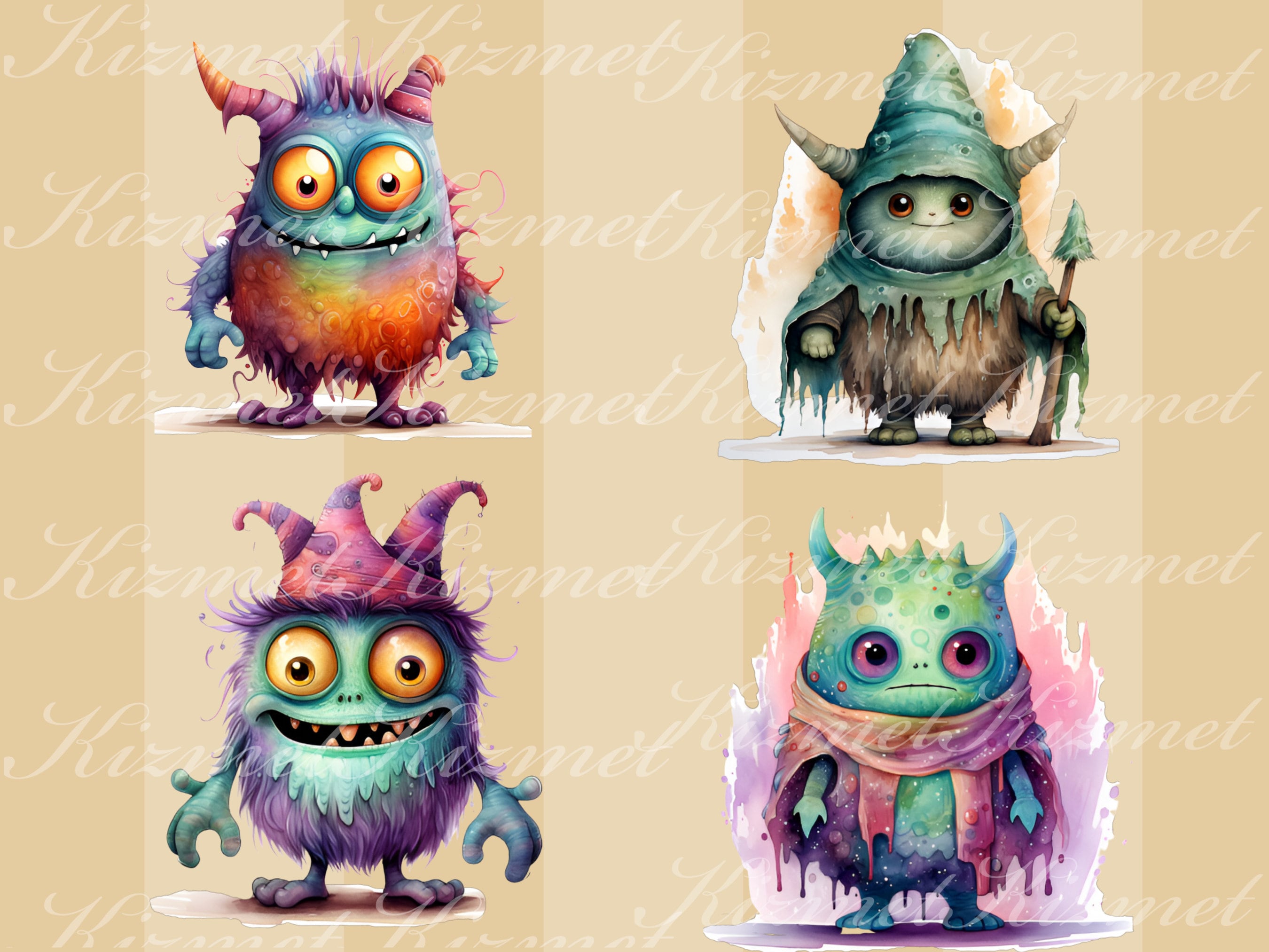 Set of 24 Watercolor Monsters Clipart PNG Files, Digital Downloads for ...