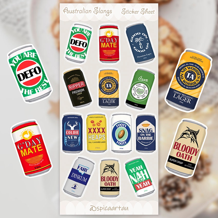 Australian Slangs, Beer Can, Vinyl Sticker Sheet, Kiss-cut Stickers ...