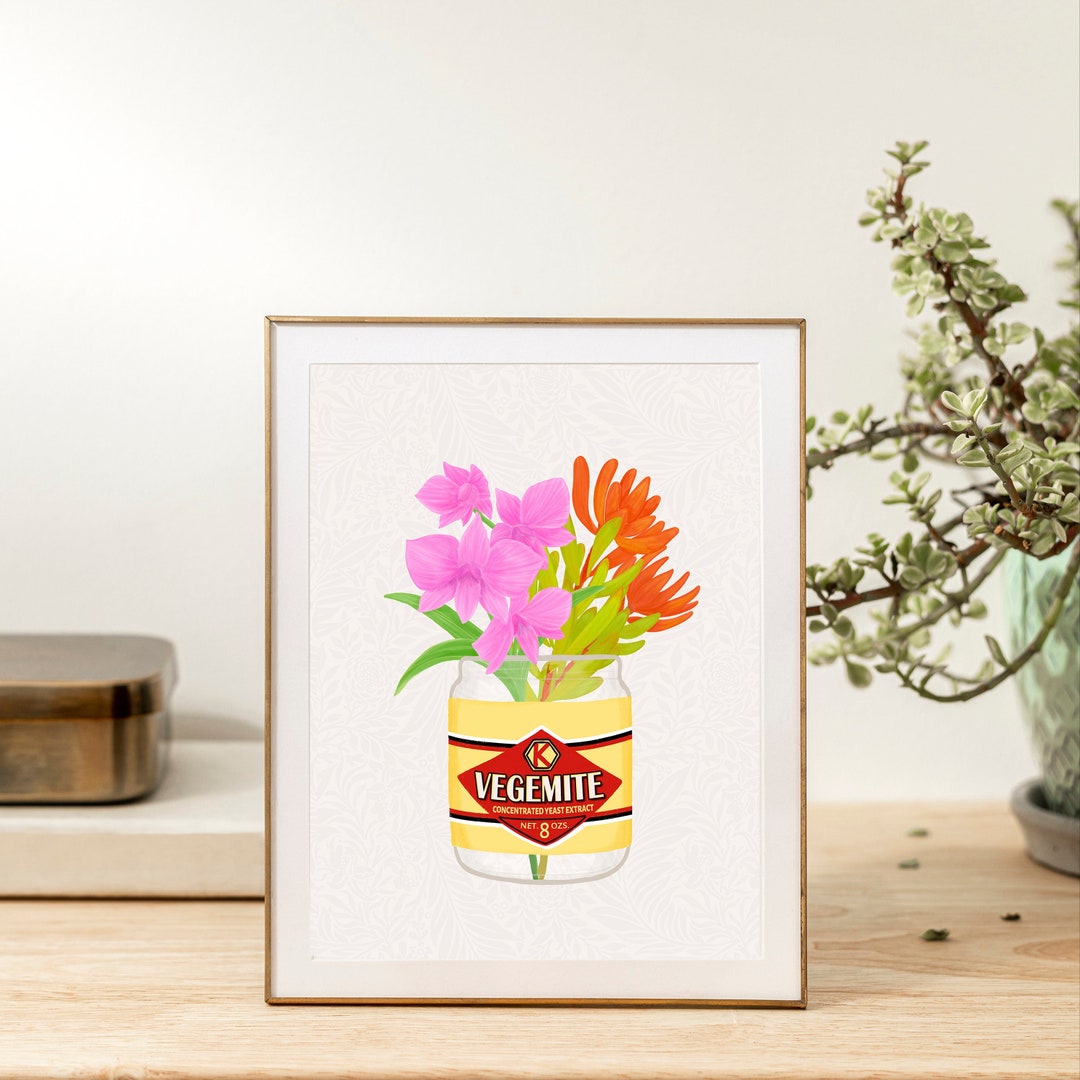 Australian Native Flowers in Vintage Vegemite Jar, Illustration Print ...