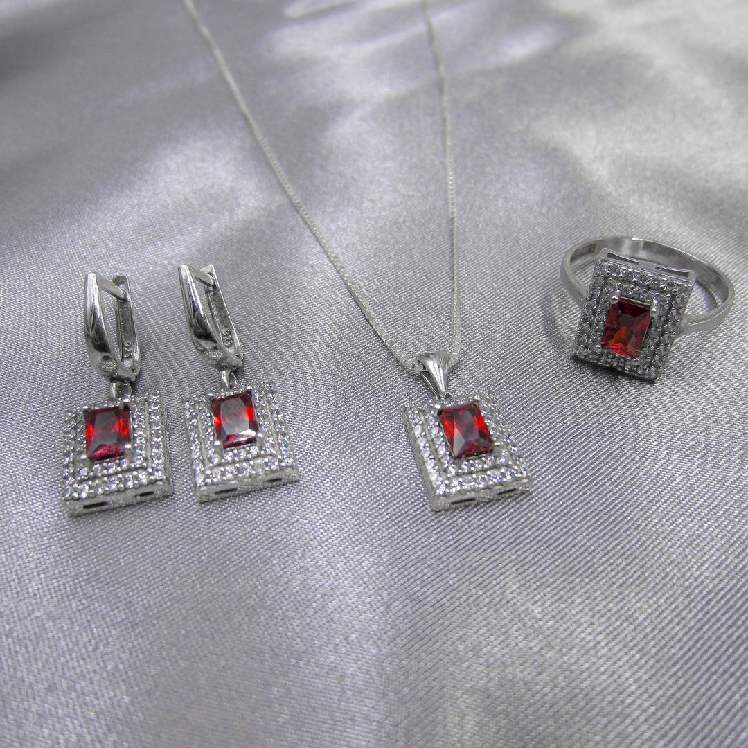 Ruby Emerald Cut Jewelry Set, Ruby Birthstone Jewelry, Ruby Earrings ...
