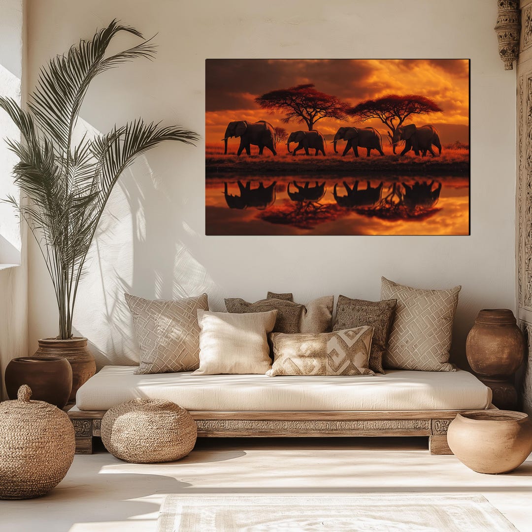 African Sunset Elephant Parade Wall Art-safari Reflections Print-acacia ...