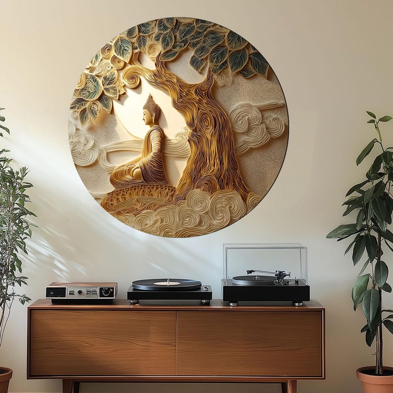Meditating Buddha Art- Golden Quilled Paper Look- Round Mandala Design ...
