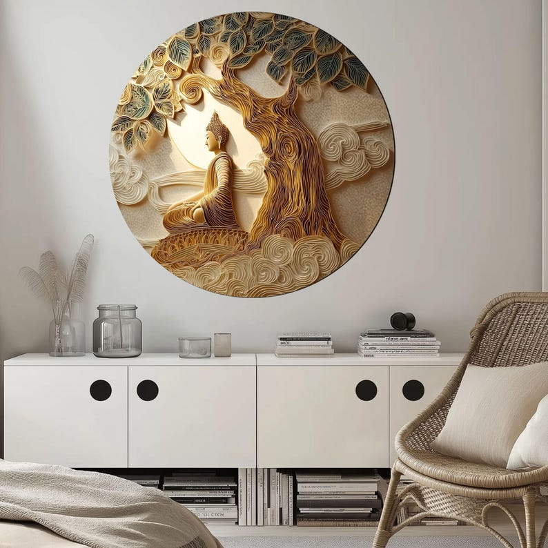 Meditating Buddha Art- Golden Quilled Paper Look- Round Mandala Design ...