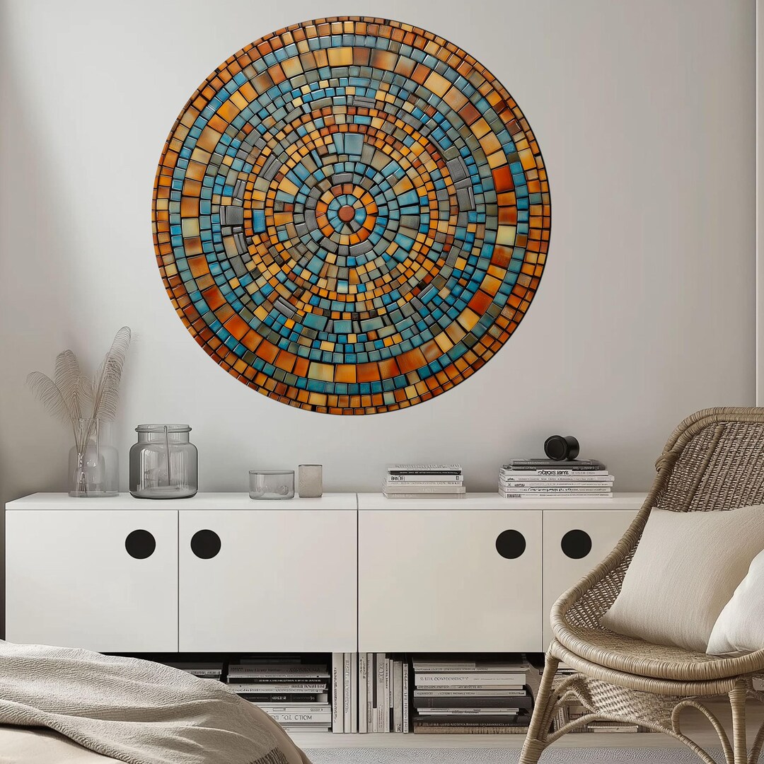 Colorful Mosaic Glass Wall Art - Geometric Round Wall Hanging - Blue ...