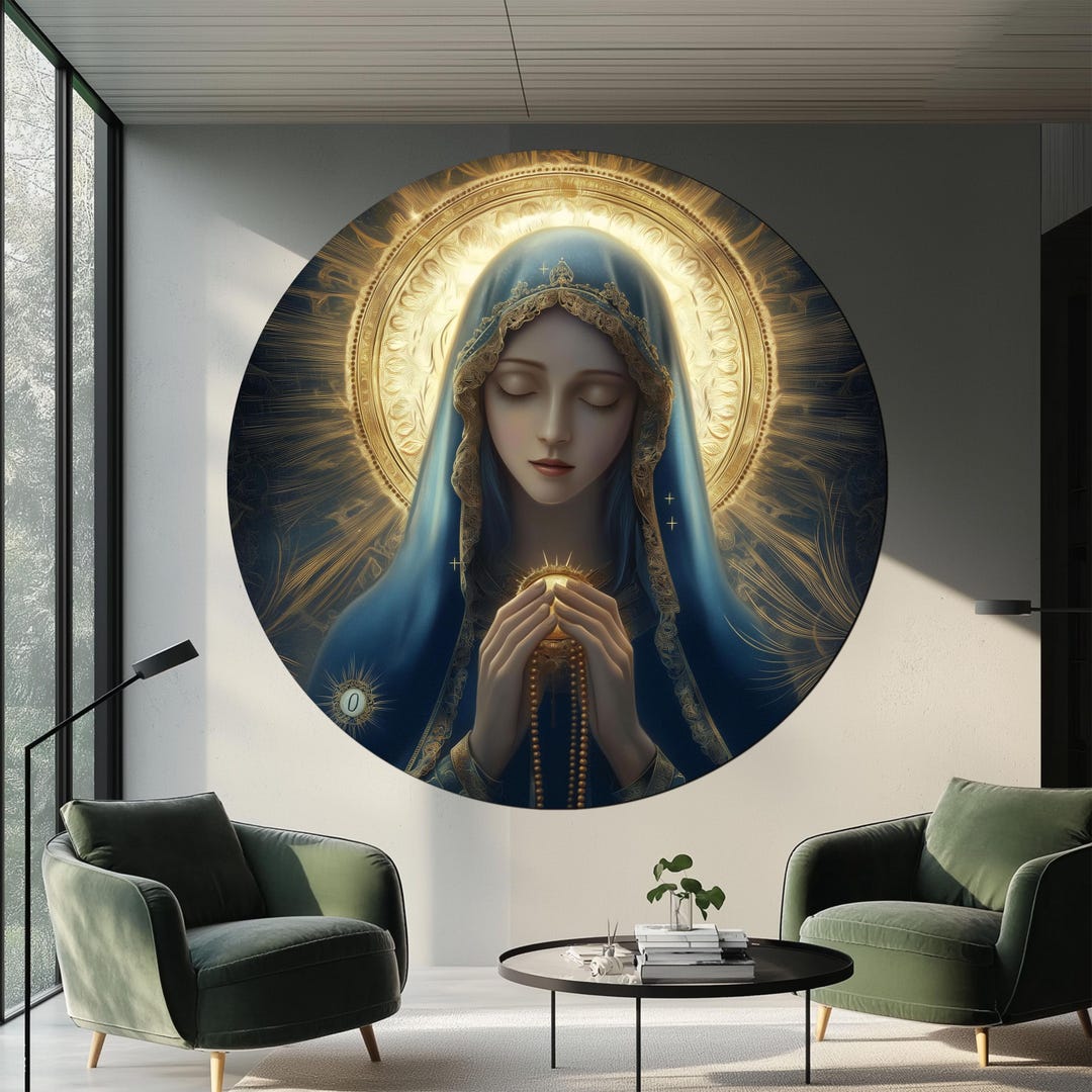 Divine Virgin Mary Round Glass Art – Sacred Tempered Glass Wall Hanging ...