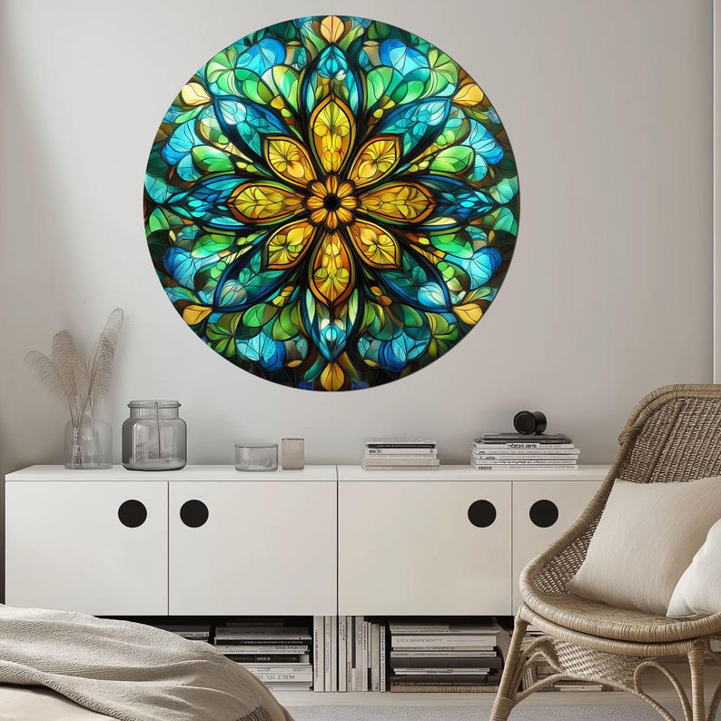 Stained Glass Print Tempered Glass Circle Art: Modern Round Wall Decor ...