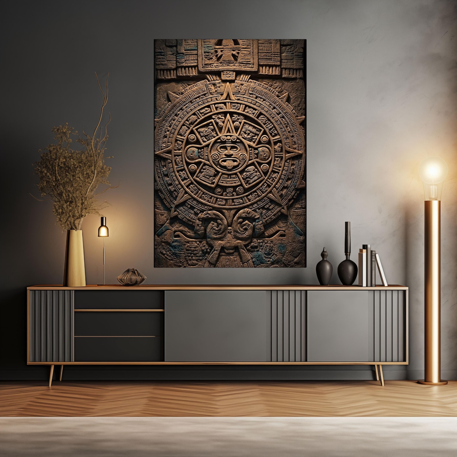 Aztec Sun Stone Calendar - Ancient Mesoamerican Glass Wall Art - Mayan ...