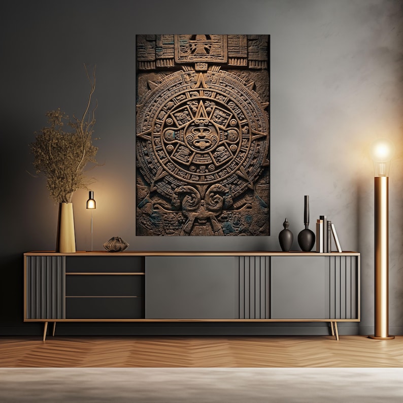 Aztec Sun Stone Calendar - Ancient Mesoamerican Glass Wall Art - Mayan ...