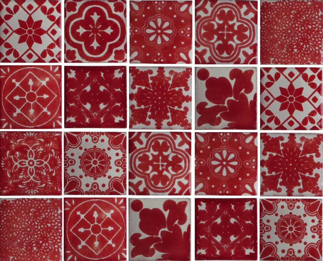 200 CERAMIC TILES Red and White Mexican Handmade Assorted 2x2 - Etsy