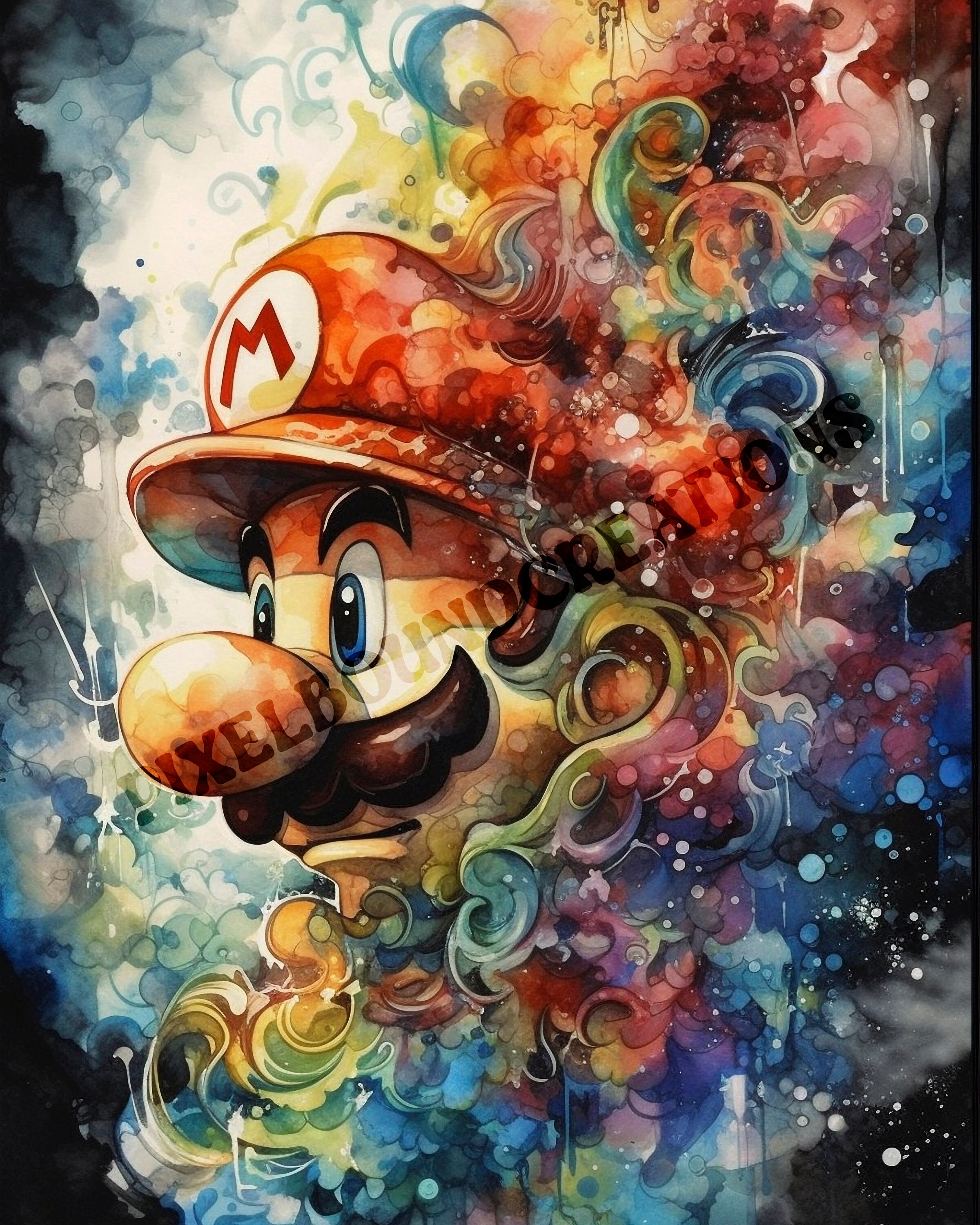 Set of 4 Super Mario PRINTABLE Vibrant Digital Paintings Game Room ...