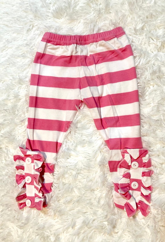 Pink and White Stripes Side Ruffle Buttons Legging - Etsy