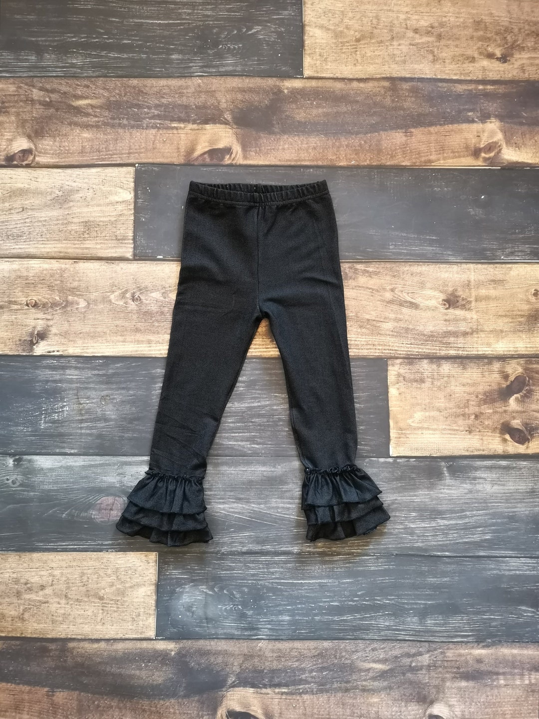 Black Knit Denim Triple Ruffle Girl Legging - Etsy