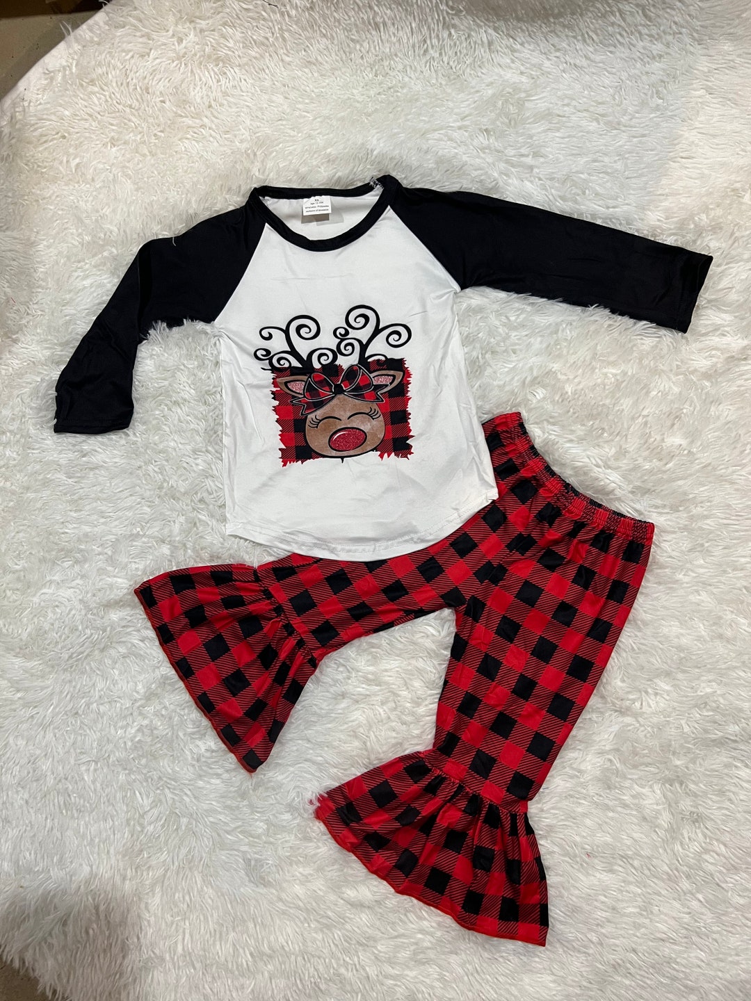 Christmas Buffalo Plaid Reindeer Top and Bottom Set Outfit - Etsy