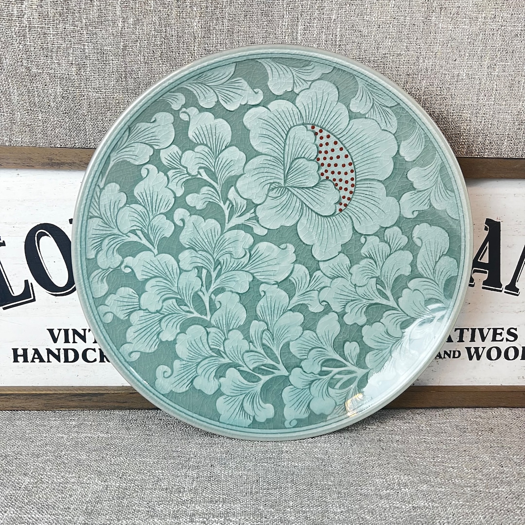 One Korean Celadon Ceramic Pottery Plate Floral Peony Jade - Etsy