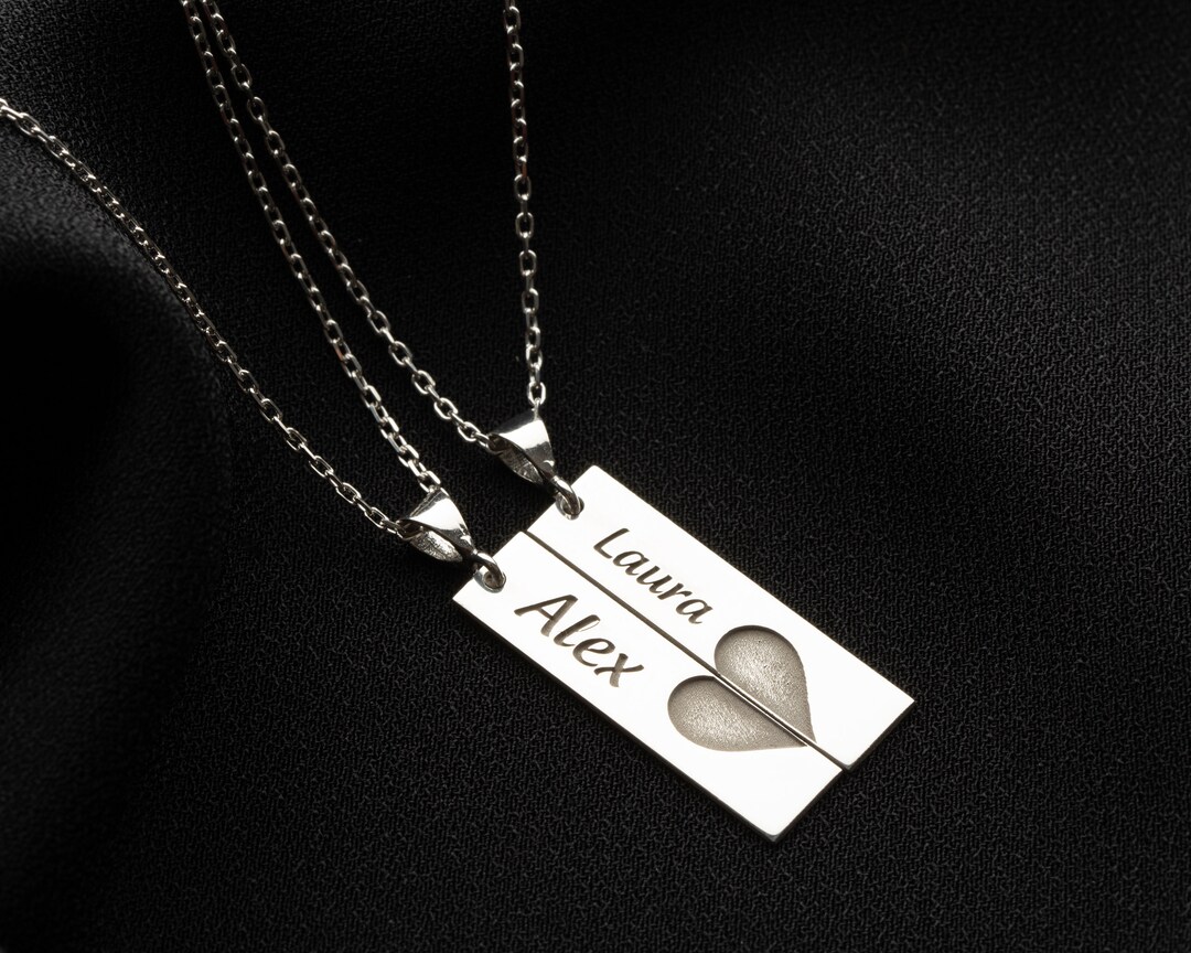 Custom Name Matching Heart Bar Necklace for Couples, Friendship Bar ...
