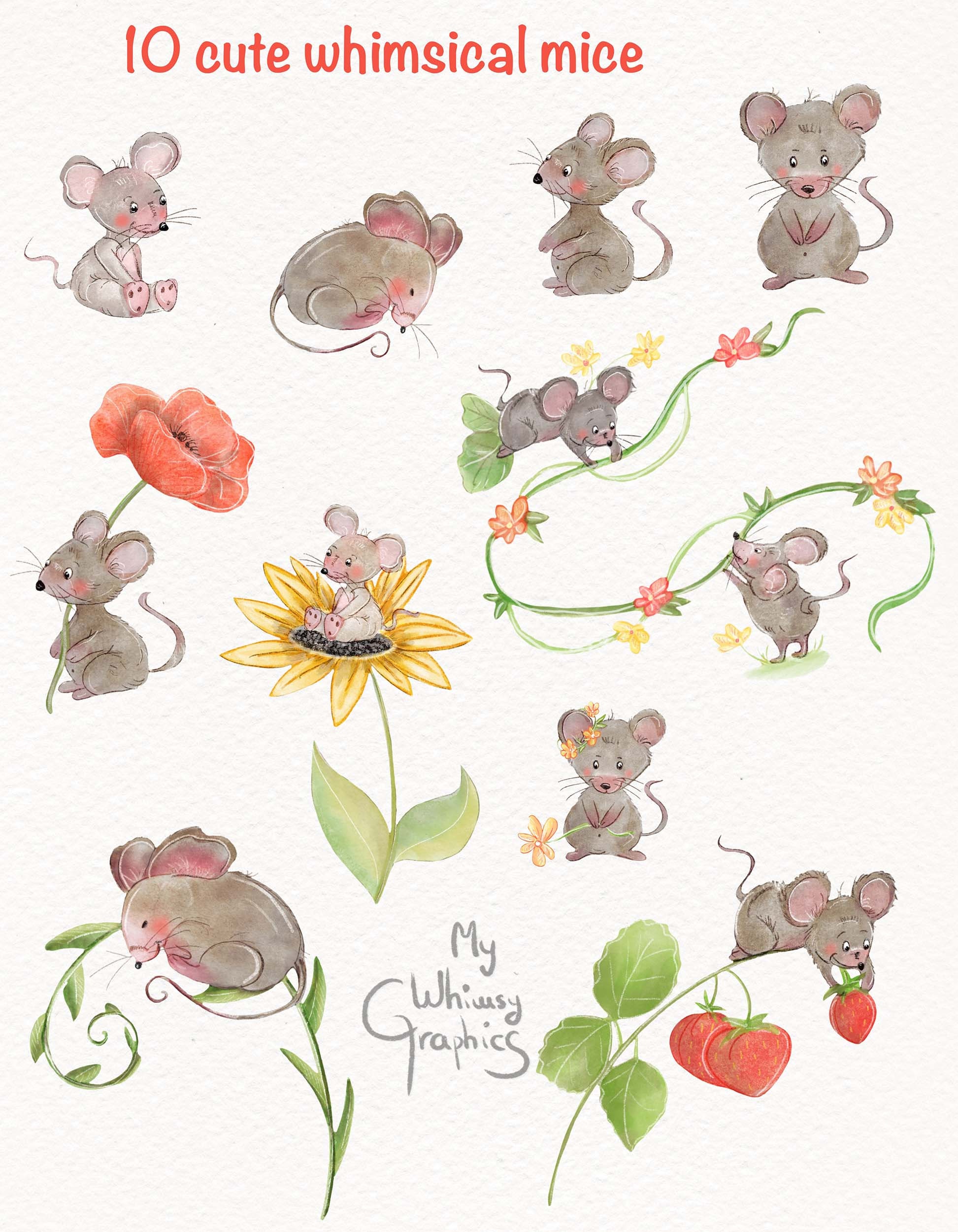 Cute Mice Clipart, Mouse Clipart, Cottage Core Clipart, Flowers Clipart ...