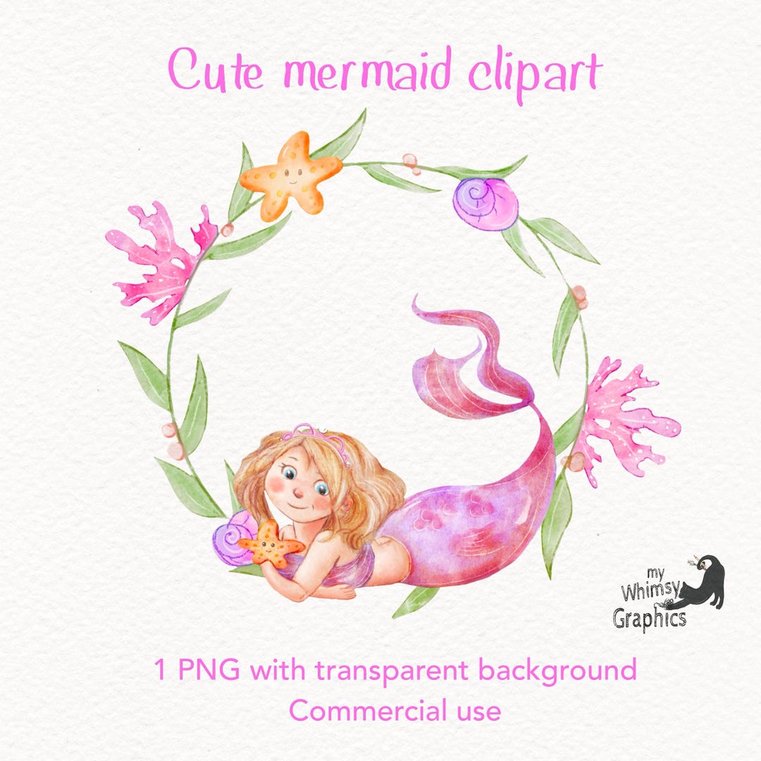 Cute Watercolor Mermaid Princess Clipart, Mermaid and Coral Seaweed Art ...