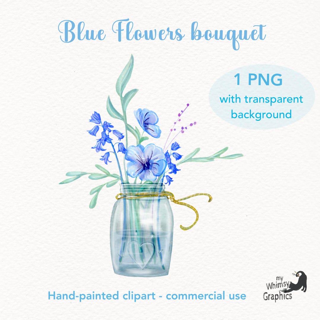 Blue Flowers in Mason Jar Clipart, Dusty and Navy Blue Wildflowers ...