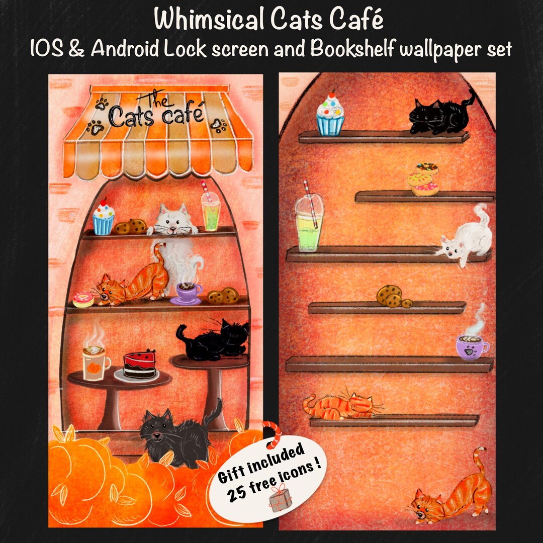 Whimsical Cats Café Lock Screen and Bookshelf Wallpaper Set for IOS and ...