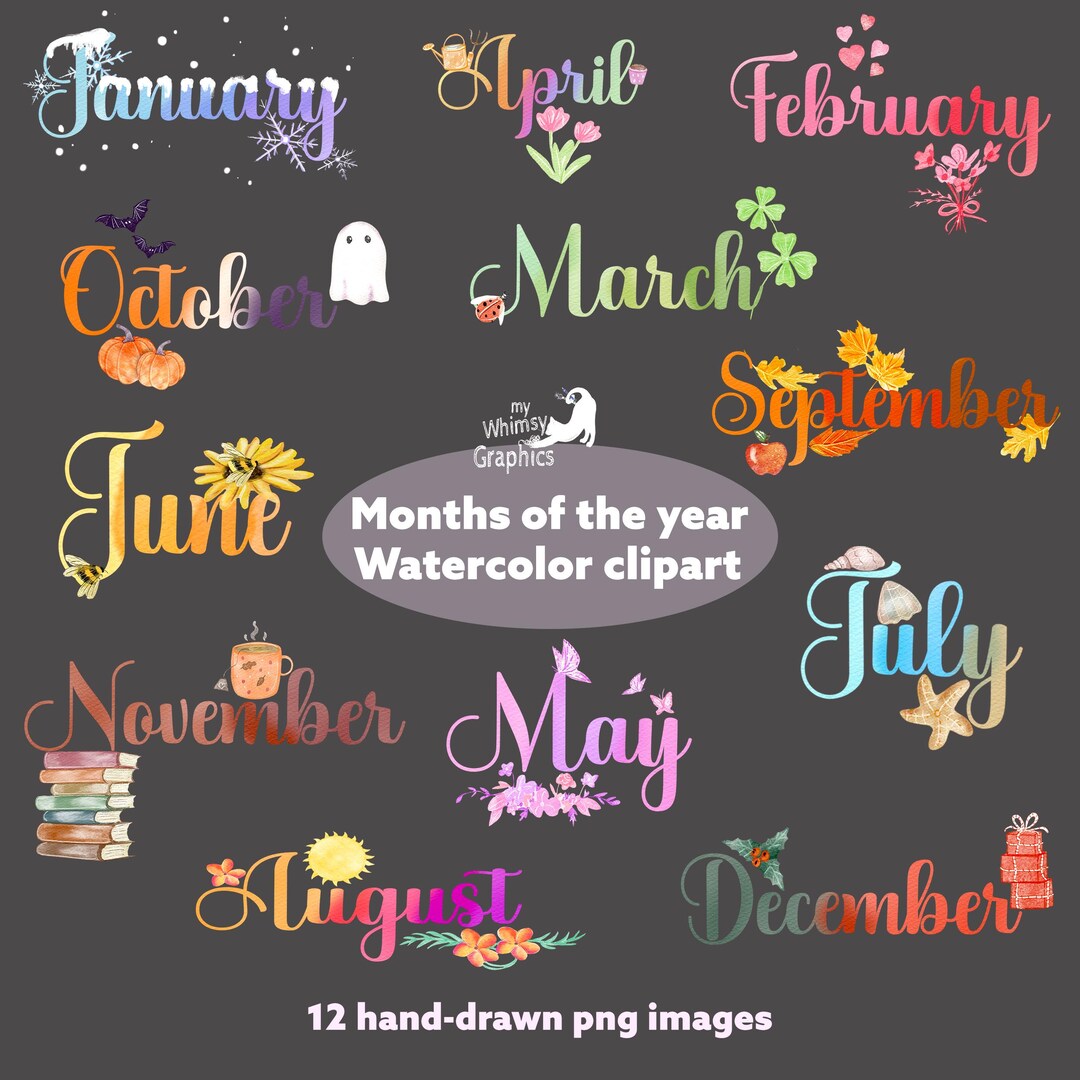 Months of the Year Hand-drawn Watercolor Clipart, Seasonal Planner ...