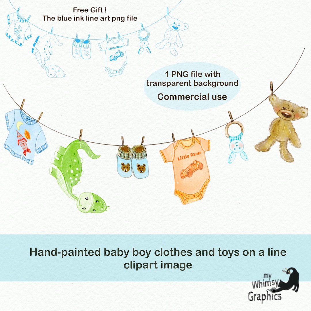 Watercolor Baby Boy Clothes and Toys on a Line Clipart, Hand-drawn Baby ...