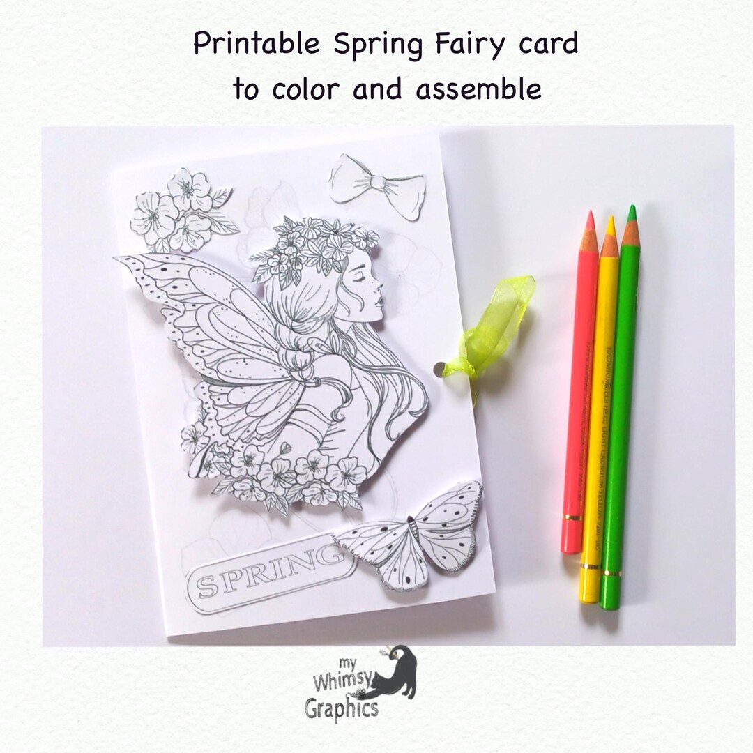 Printable DIY Spring Fairy Card to Color, Fairy Coloring Card, Fantasy ...