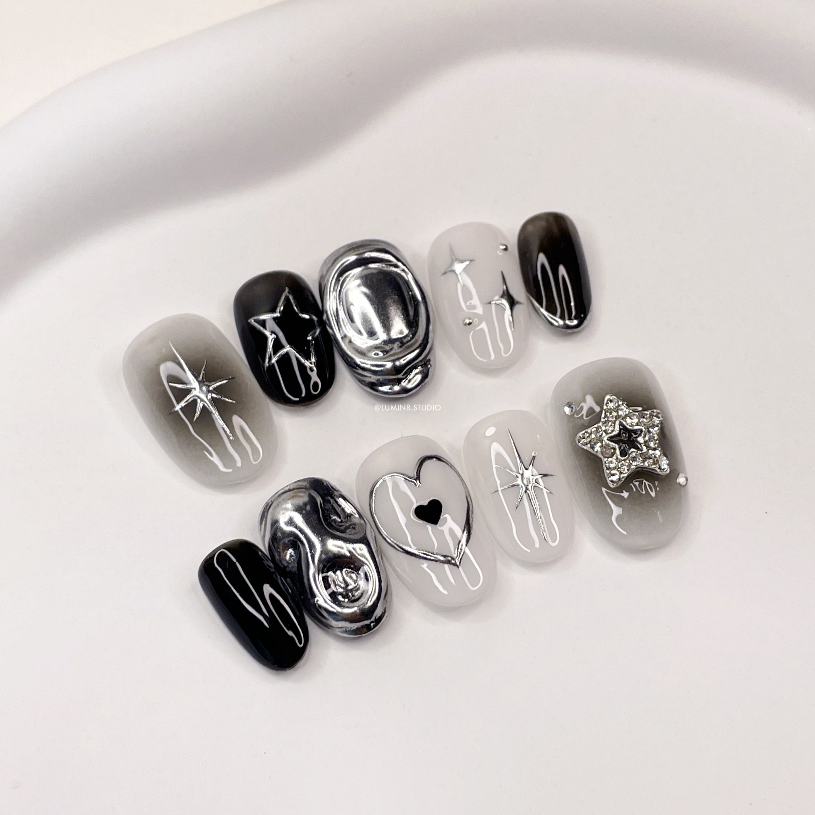 LM014 Black and White Star Themed Nails Minimal Style Nails Handpainted ...