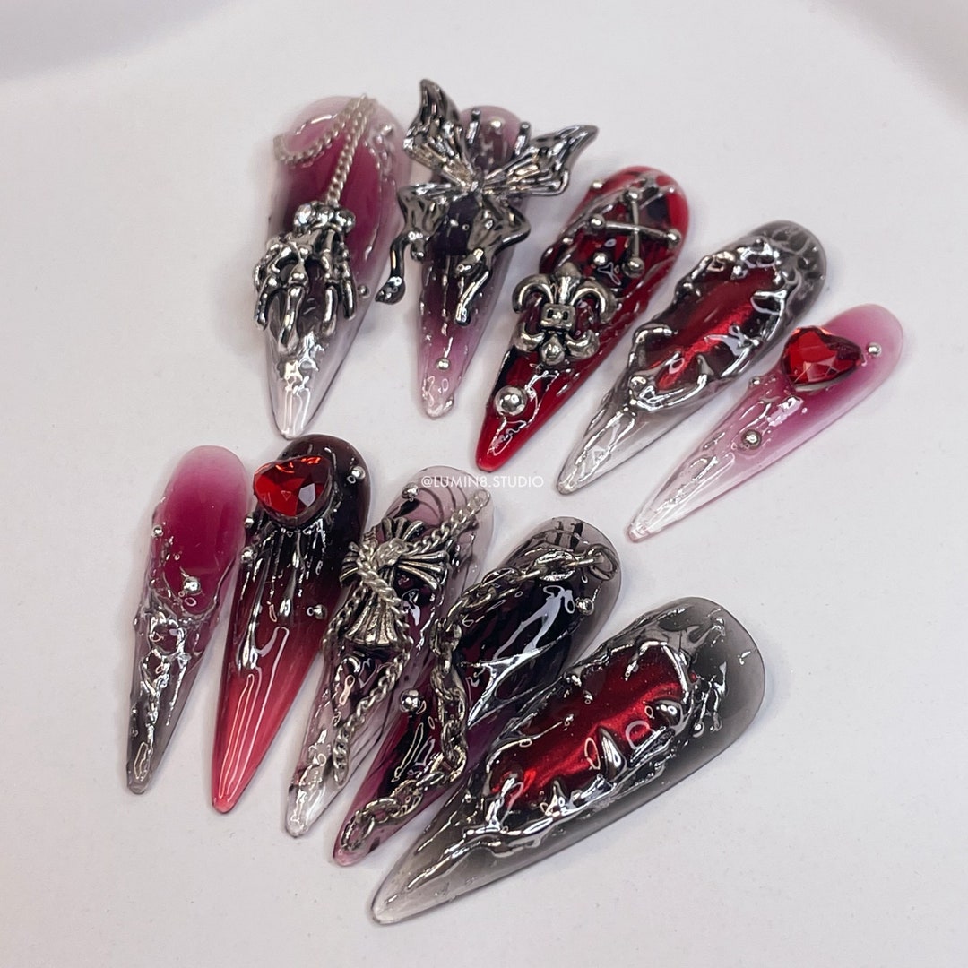 Gothic Black and Red Halloween Press on Nails With Silver Charms ...