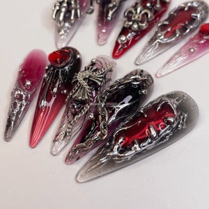 LM012 Gothic Black and Red Halloween Nails Silver Charms Decorated ...