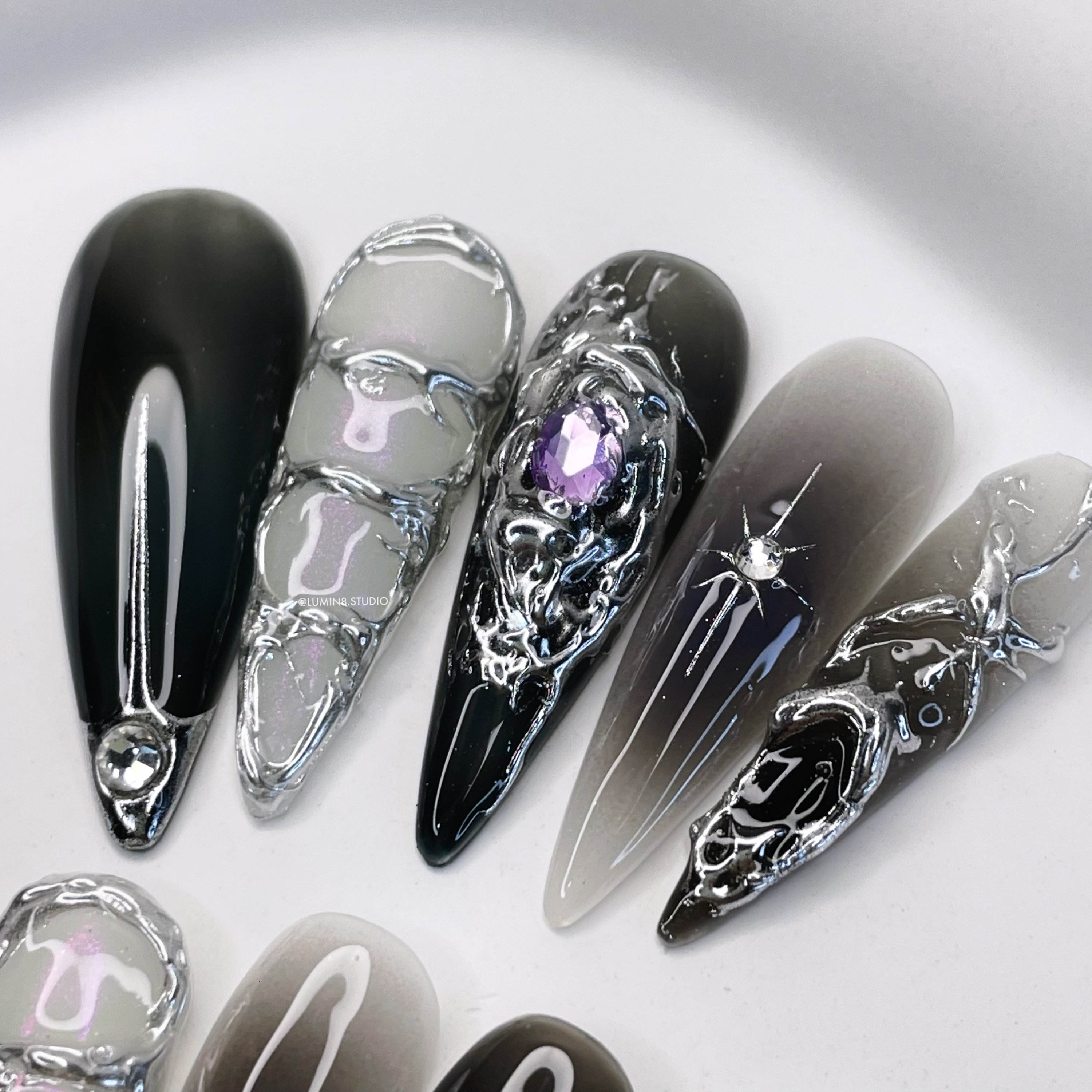 Handpainted Cyberpunk Press on Nails: Black, White, Silver & Purple ...