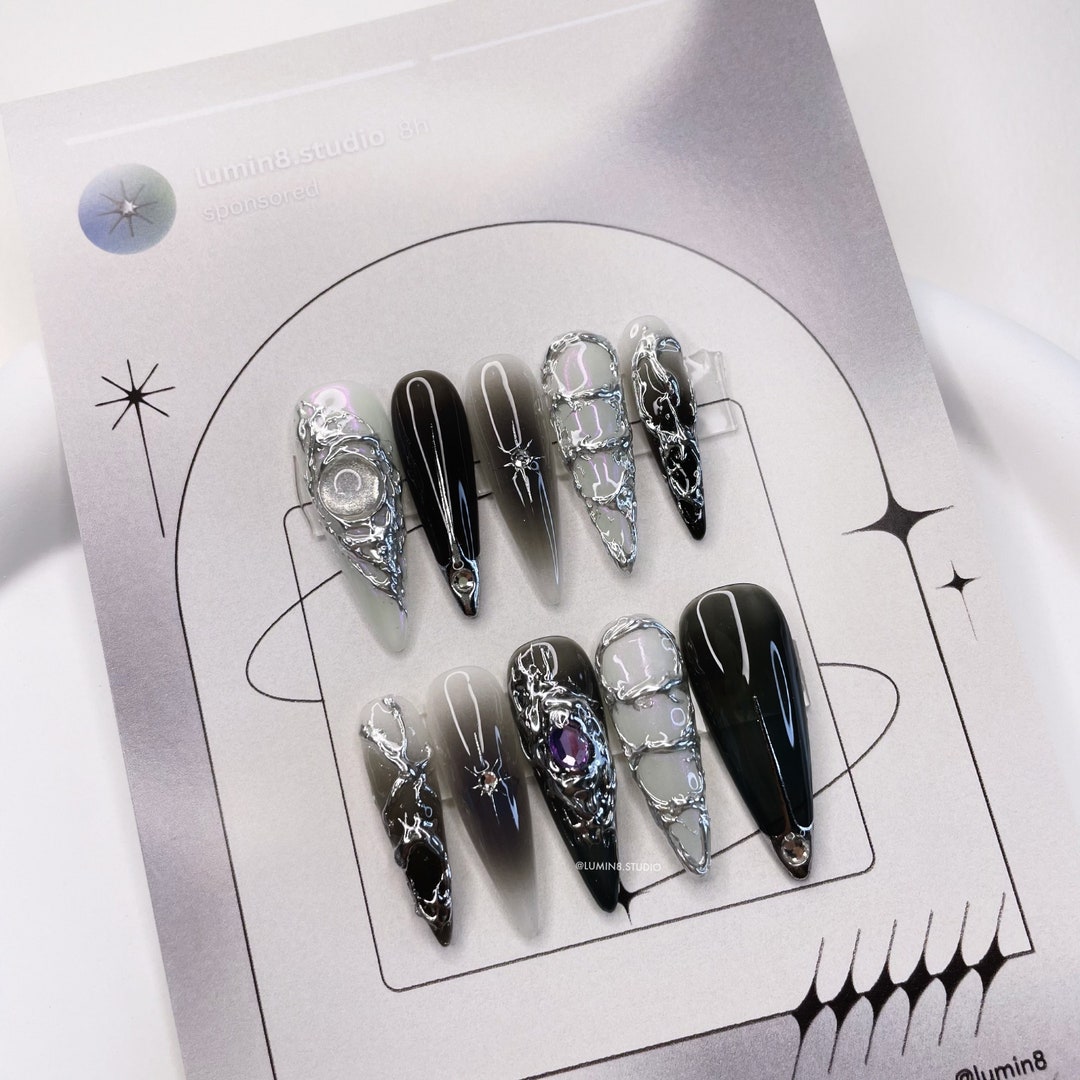 Handpainted Cyberpunk Press on Nails: Black, White, Silver & Purple ...