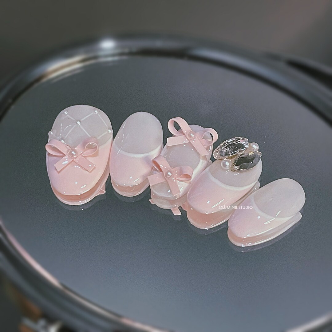 Balletcore Press on Nails: Pink French Tips, Ribbons & Rhinestones ...