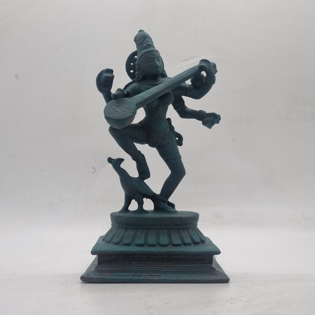 Patina Effect Sawaswati Dancing With Peacock, Hindu Goddess Statuette ...